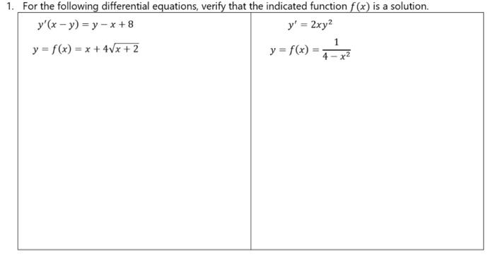 Solved 1. For the following differential equations, verify | Chegg.com