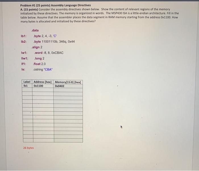 Solved Problem #1 (25 points) Assembly Language Directives | Chegg.com