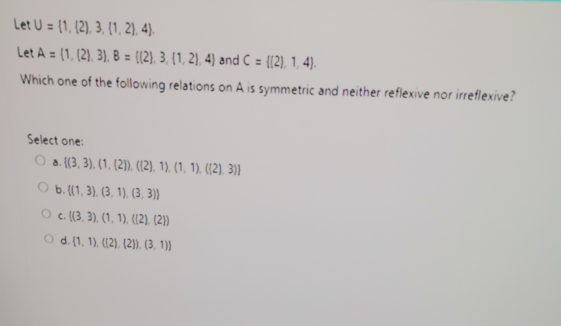 Solved Let U={1,{2},3,{1,2},4}.Let | Chegg.com Solved Let U={1,{2},3,{1,2},4}.Let | Chegg.com