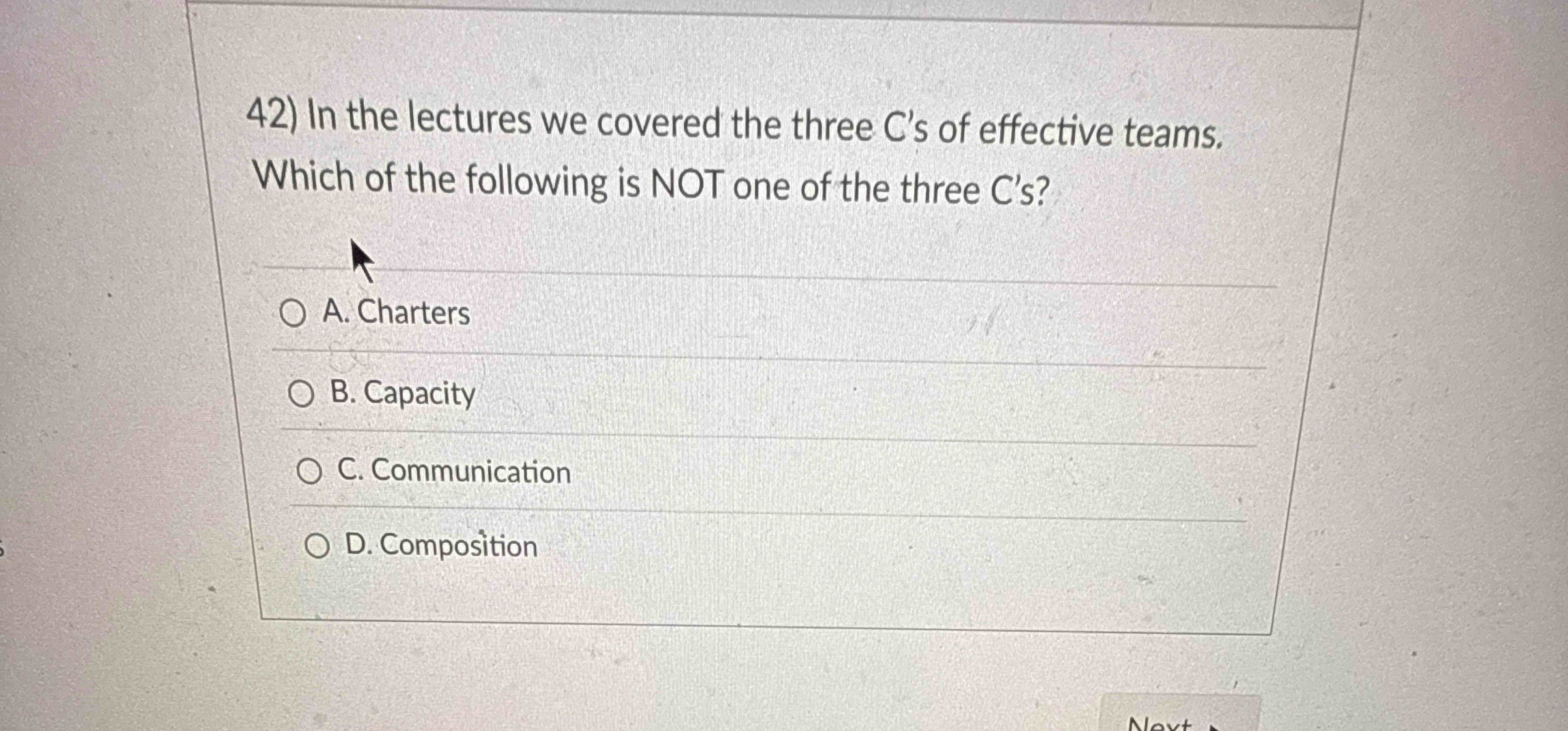 Solved 42) ﻿In the lectures we covered the three C's of | Chegg.com