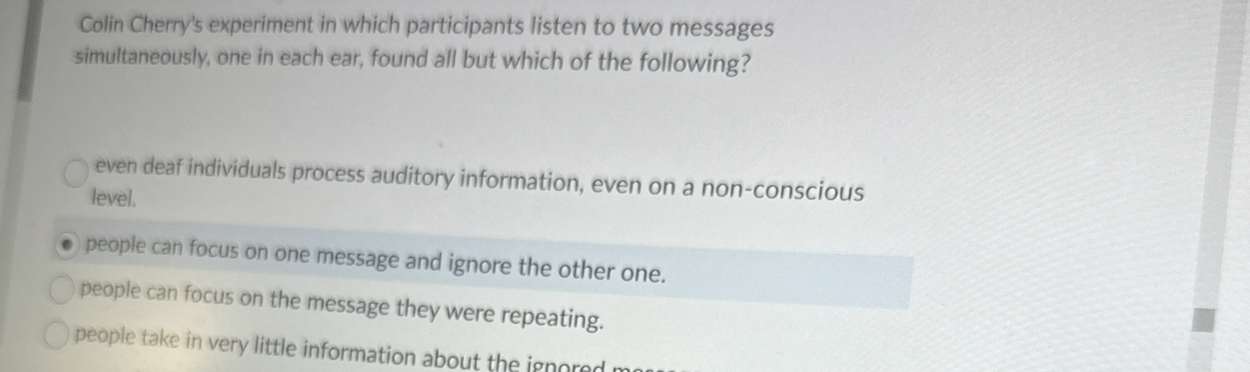 Solved Colin Cherry's experiment in which participants | Chegg.com