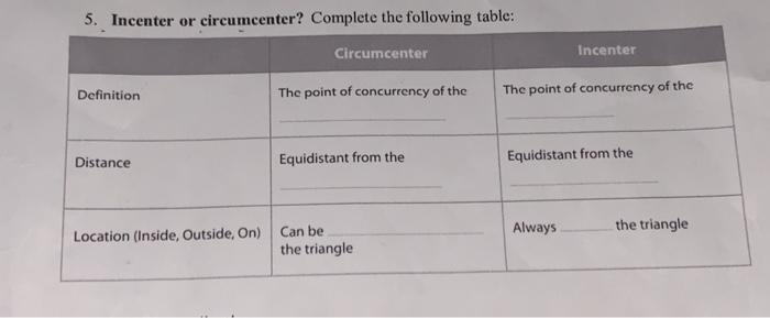 Solved 5. Incenter or circumcenter? Complete the following | Chegg.com