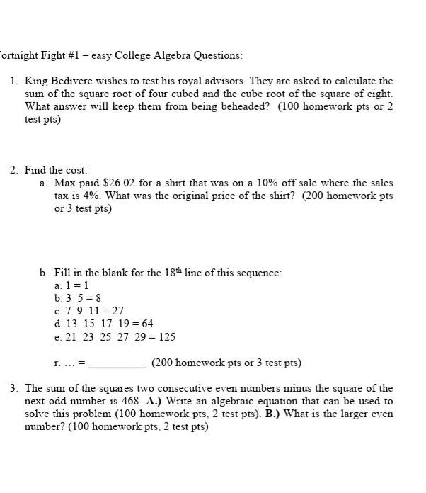 Solved ortnight Fight #1 - easy College Algebra Questions: | Chegg.com