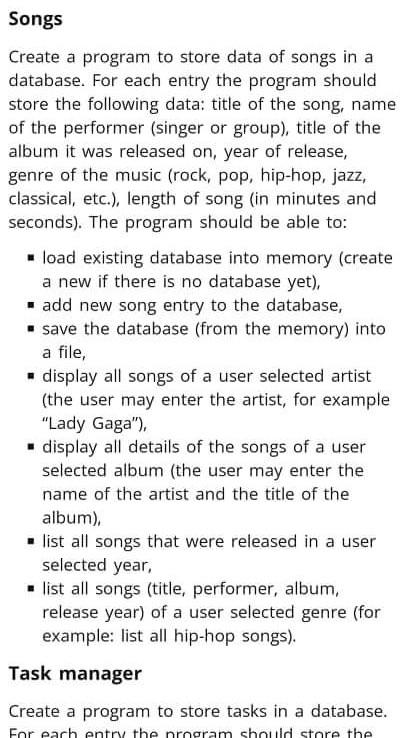 Songs Create a program to store data of songs in a | Chegg.com