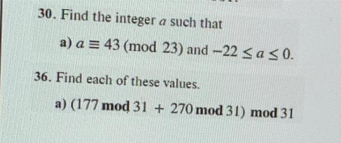 Solved 30. Find the integer a such that a) a = 43 (mod 23) | Chegg.com