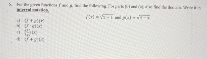 Solved 5. For the given functions f and g, find the | Chegg.com