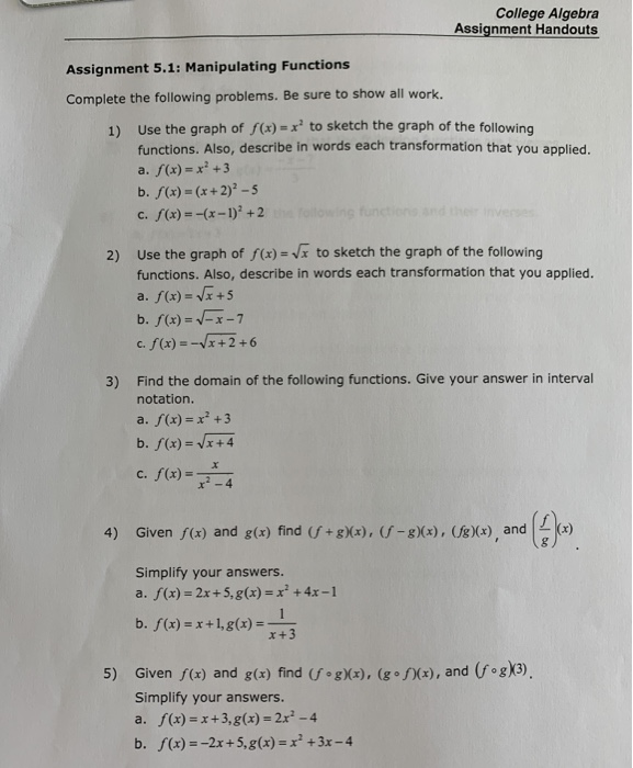 Solved College Algebra Assignment Handouts Assignment 5.1: | Chegg.com