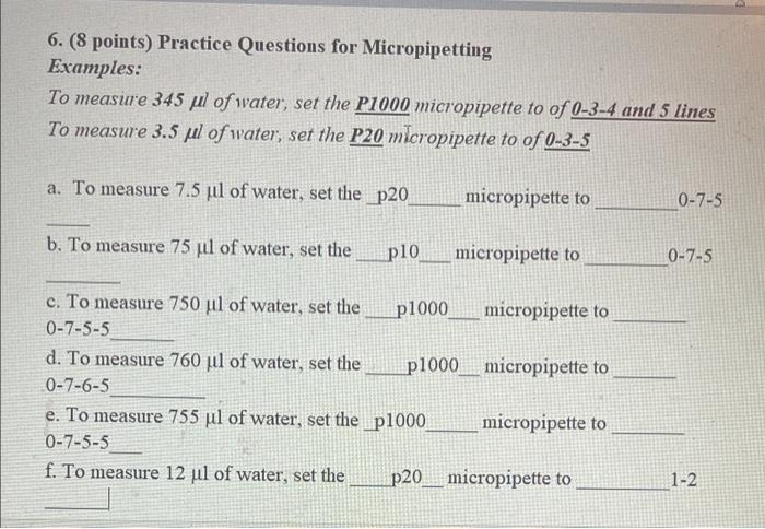 Solved 6. (8 points) Practice Questions for Micropipetting | Chegg.com