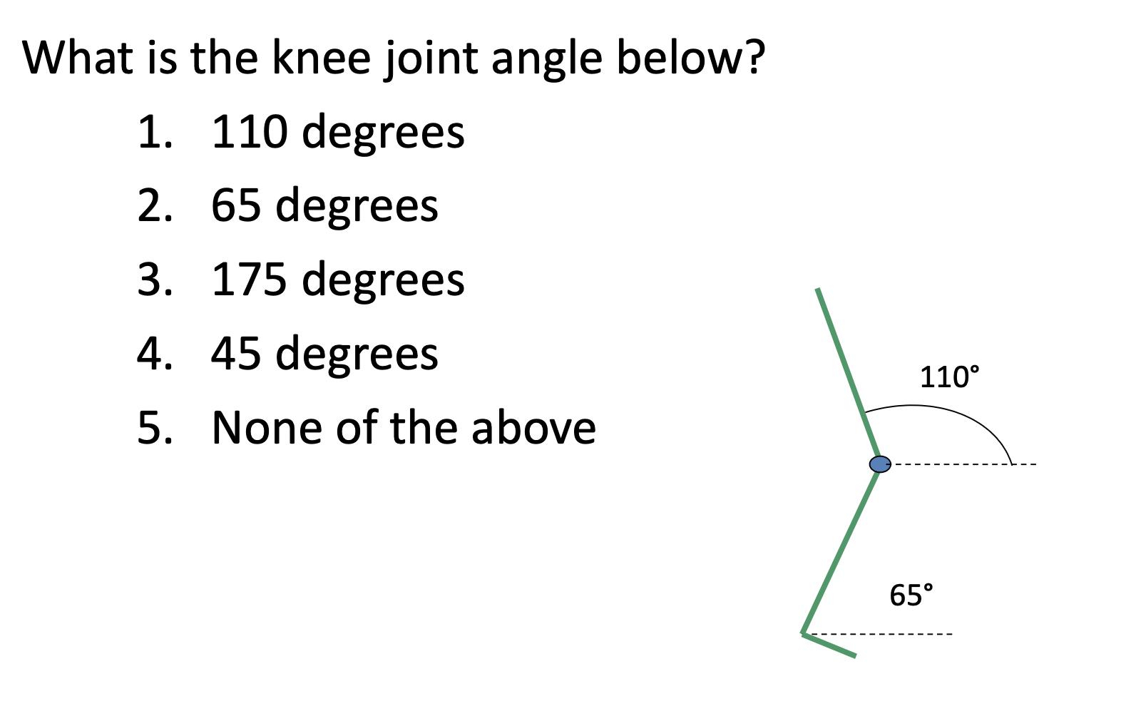 Solved What is the knee joint angle below?110 ﻿degrees65 | Chegg.com