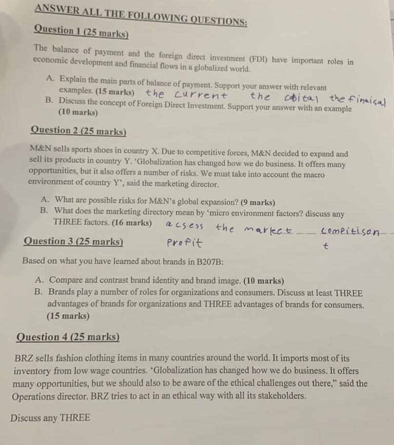 Solved ANSWER ALL THE FOLLOWING OUESTIONS: Question 1 (25 | Chegg.com