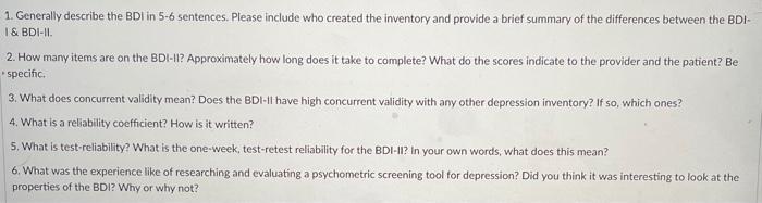 Solved 1. Generally describe the BDI in 5-6 sentences. | Chegg.com
