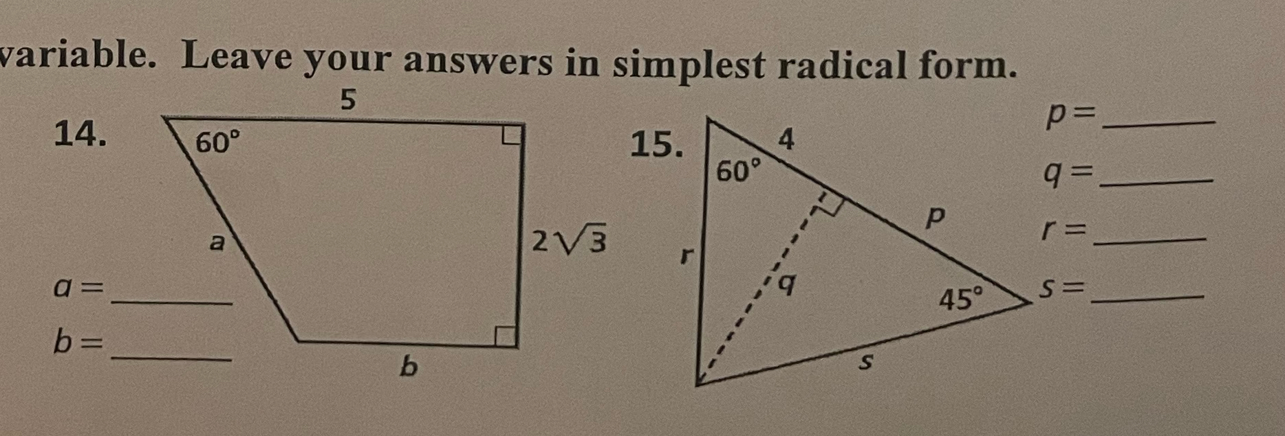 Solved variable. Leave your answers in simplest radical | Chegg.com