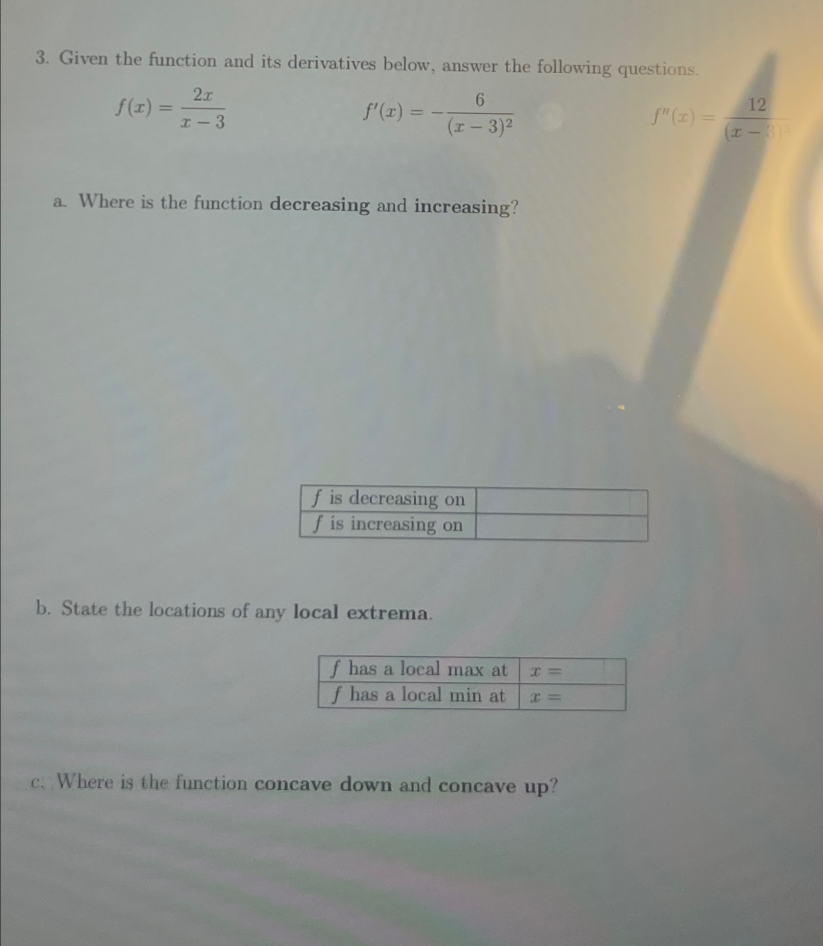 Solved Given the function and its derivatives below, answer | Chegg.com