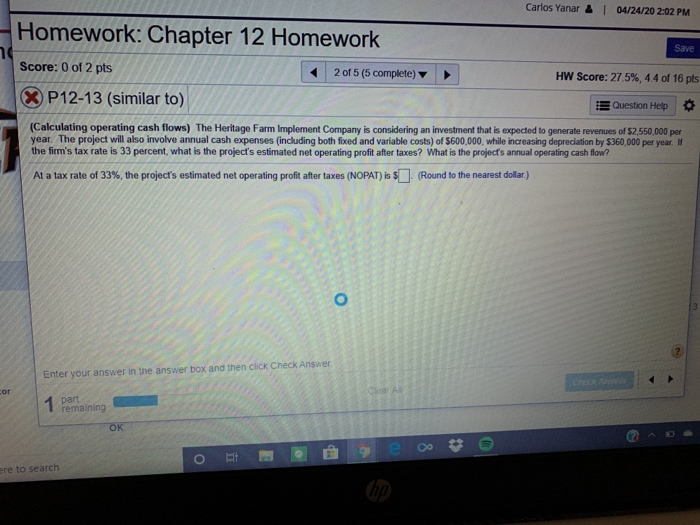 Solved Carlos Yanar & | 04/24/20 2:02 PM Save Homework: | Chegg.com