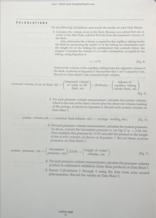 Solved Do the following calculations and record the reaults | Chegg.com