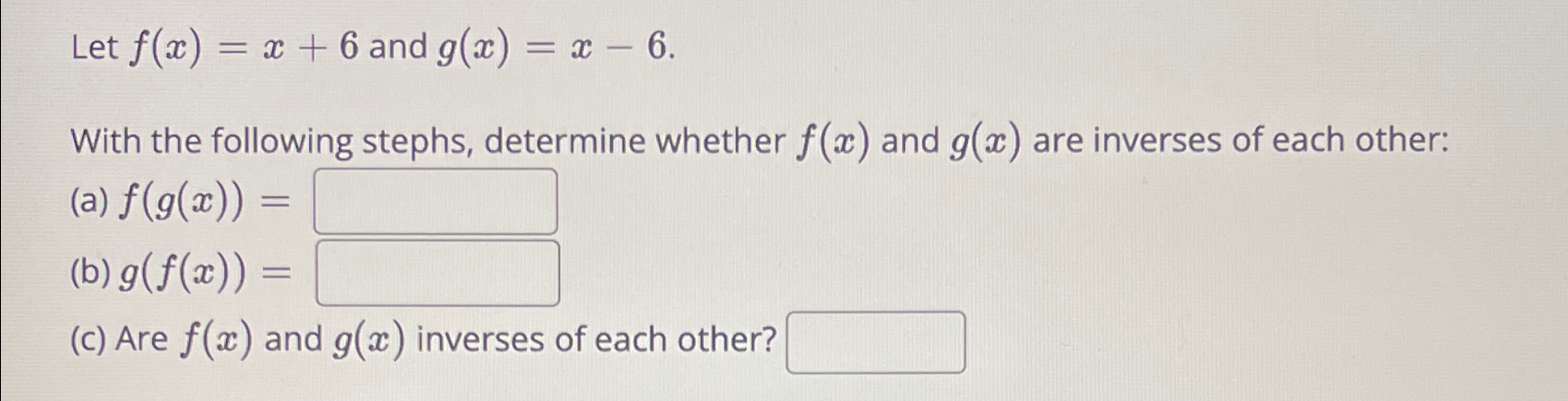 Solved Let f(x)=x+6 ﻿and g(x)=x-6.With the following stephs, | Chegg.com