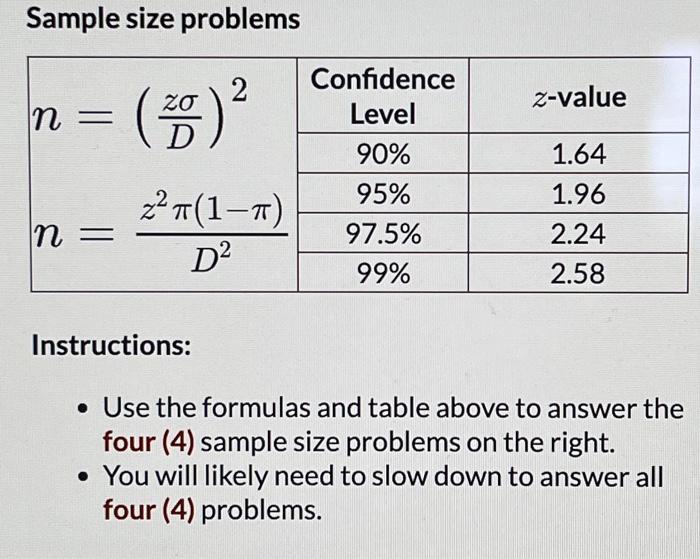 Sample size problems Instructions: - Use the formulas | Chegg.com