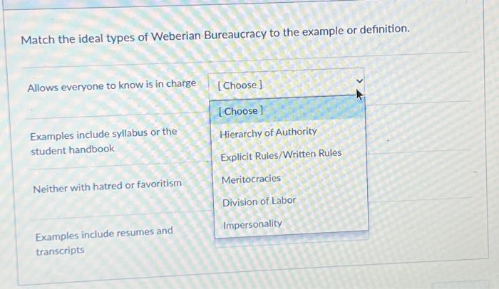 Match the ideal types of Weberian Bureaucracy to the | Chegg.com
