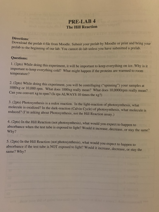 Solved PRE-LAB 4 The Hill Reaction Directions: Download the | Chegg.com