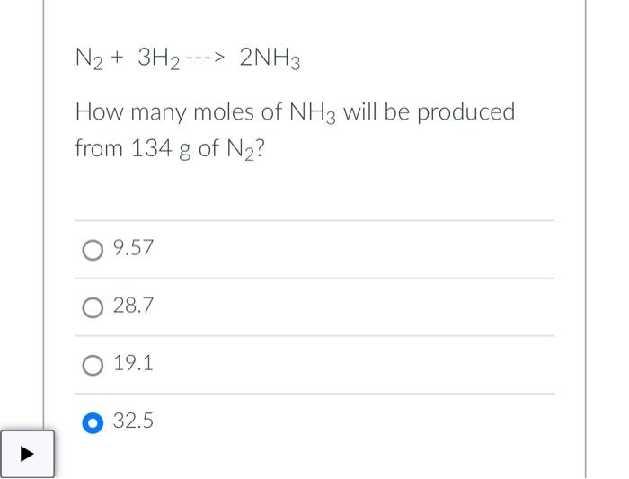 Solved N2+3H2⋯2NH3 How many moles of NH3 will be produced | Chegg.com