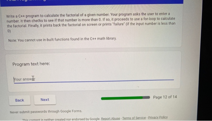 Solved Write a C++ program to calculate the factorial of a | Chegg.com