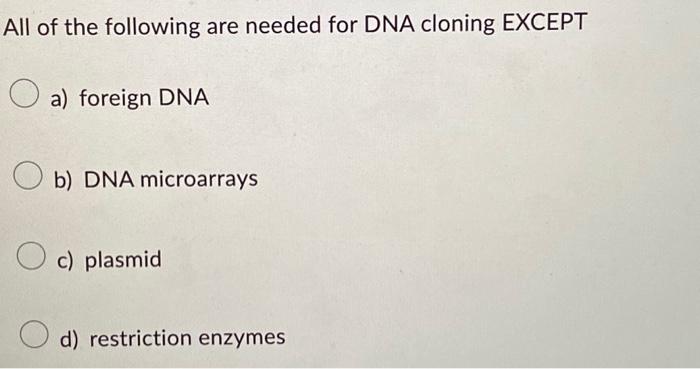Solved All of the following are needed for DNA cloning | Chegg.com