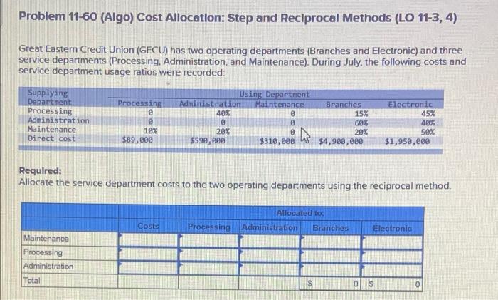 Solved Problem 11-60 (Algo) Cost Allocation: Step and | Chegg.com