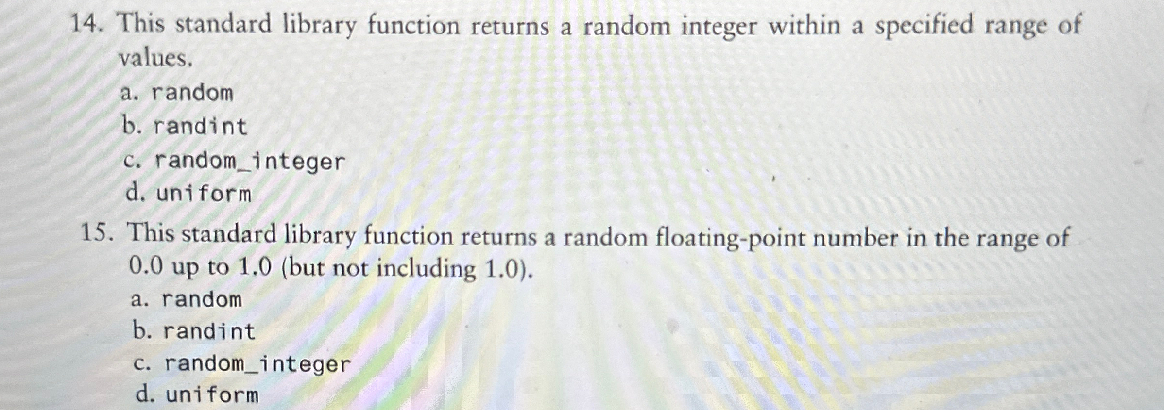 Solved This standard library function returns a random | Chegg.com