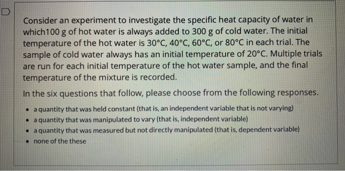 Solved Consider an experiment to investigate the specific | Chegg.com