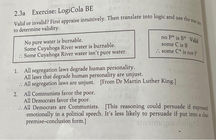 2.3a Exercise: LogiCola BE Valid or invalid? First | Chegg.com