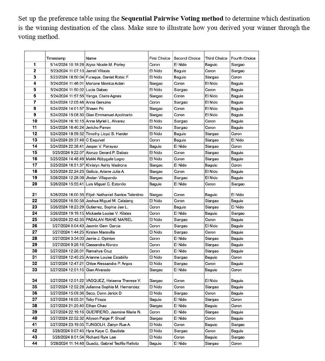 Set up the preference table using the Sequential | Chegg.com
