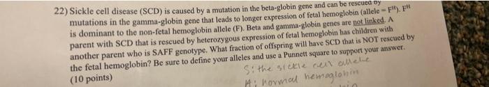 Solved 22) Sickle cell disease (SCD) is caused by a mutation | Chegg.com