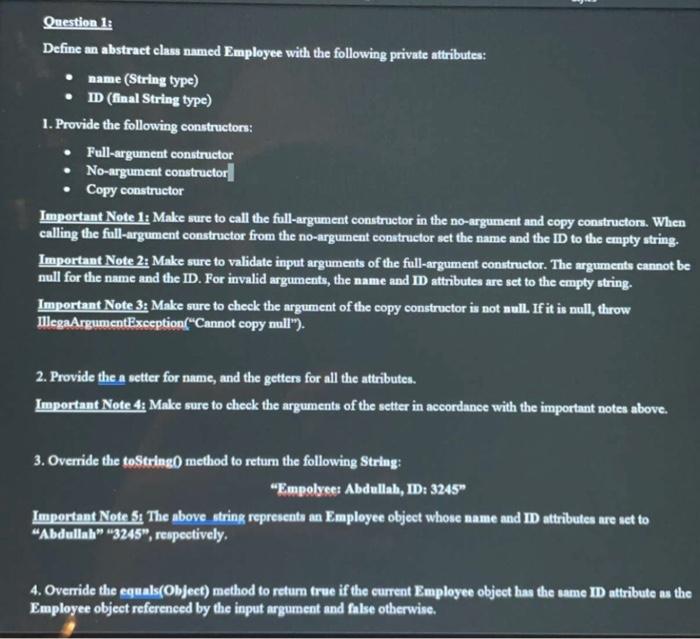 Solved Question 1: Define an abstract class named Employee | Chegg.com