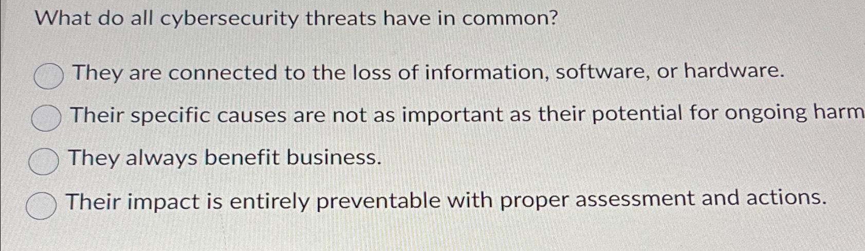 Solved What do all cybersecurity threats have in common?They | Chegg.com