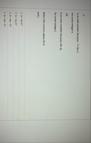 Solved -7is an odd number because -7-2k 1for some integer | Chegg.com