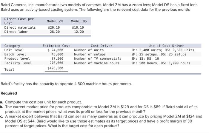 Solved Baird Cameras, Inc. manufactures two models of | Chegg.com