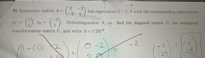 Solved 9) Symmetric matrix A=(2−2−25) has eigenvalues λ=1,6 | Chegg.com