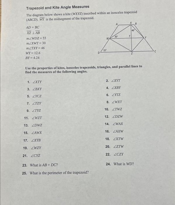 Solved Trapezoid and Kite Angle Measures The diagram below | Chegg.com