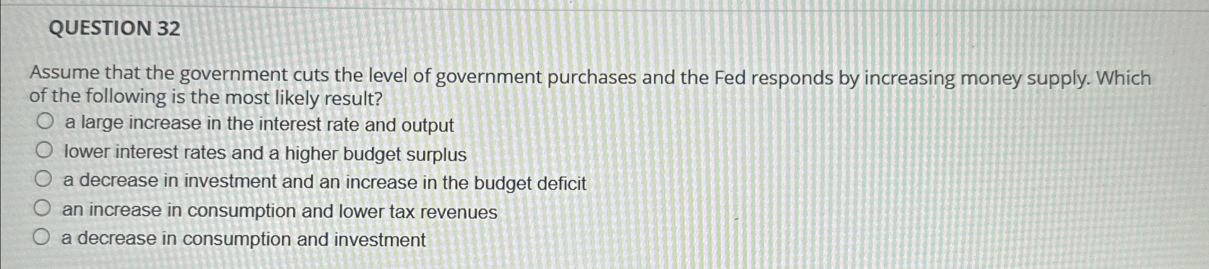 Solved QUESTION 32Assume that the government cuts the level | Chegg.com