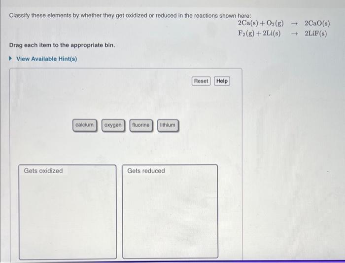 Solved Classify these elements by whether they get oxidized | Chegg.com