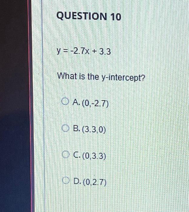 Solved QUESTION 10 y=−2.7x+3.3 What is the y-intercept? A. | Chegg.com