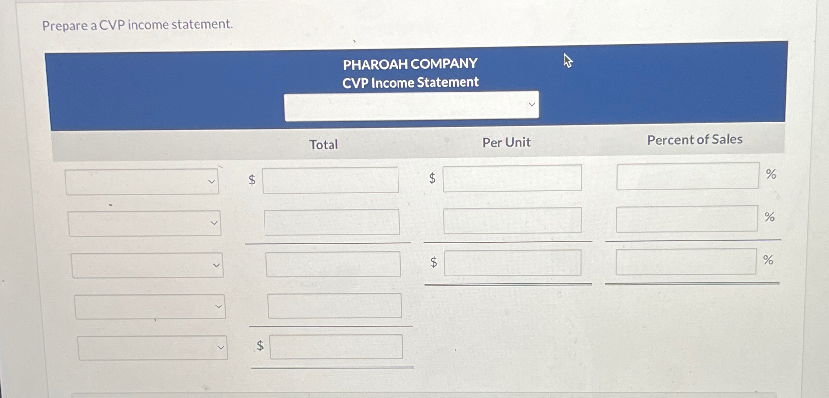 Prepare a CVP income statement.\table[[PHAROAH | Chegg.com