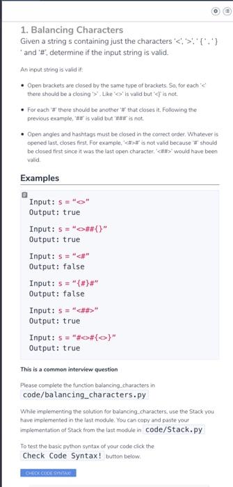 Solved 1. Balancing Characters Given a string s containing | Chegg.com