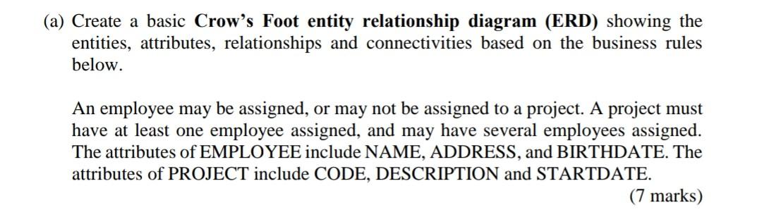 Solved (a) Create a basic Crow's Foot entity relationship | Chegg.com