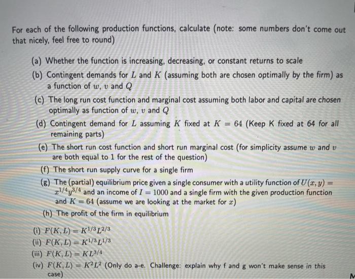 Solved Cor each of the following production functions, | Chegg.com