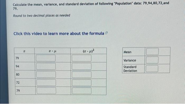 Solved Calculate the mean, variance, and standard deviation | Chegg.com