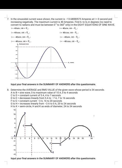 Solved 7. In the sinusoidal current wave shown, the current | Chegg.com