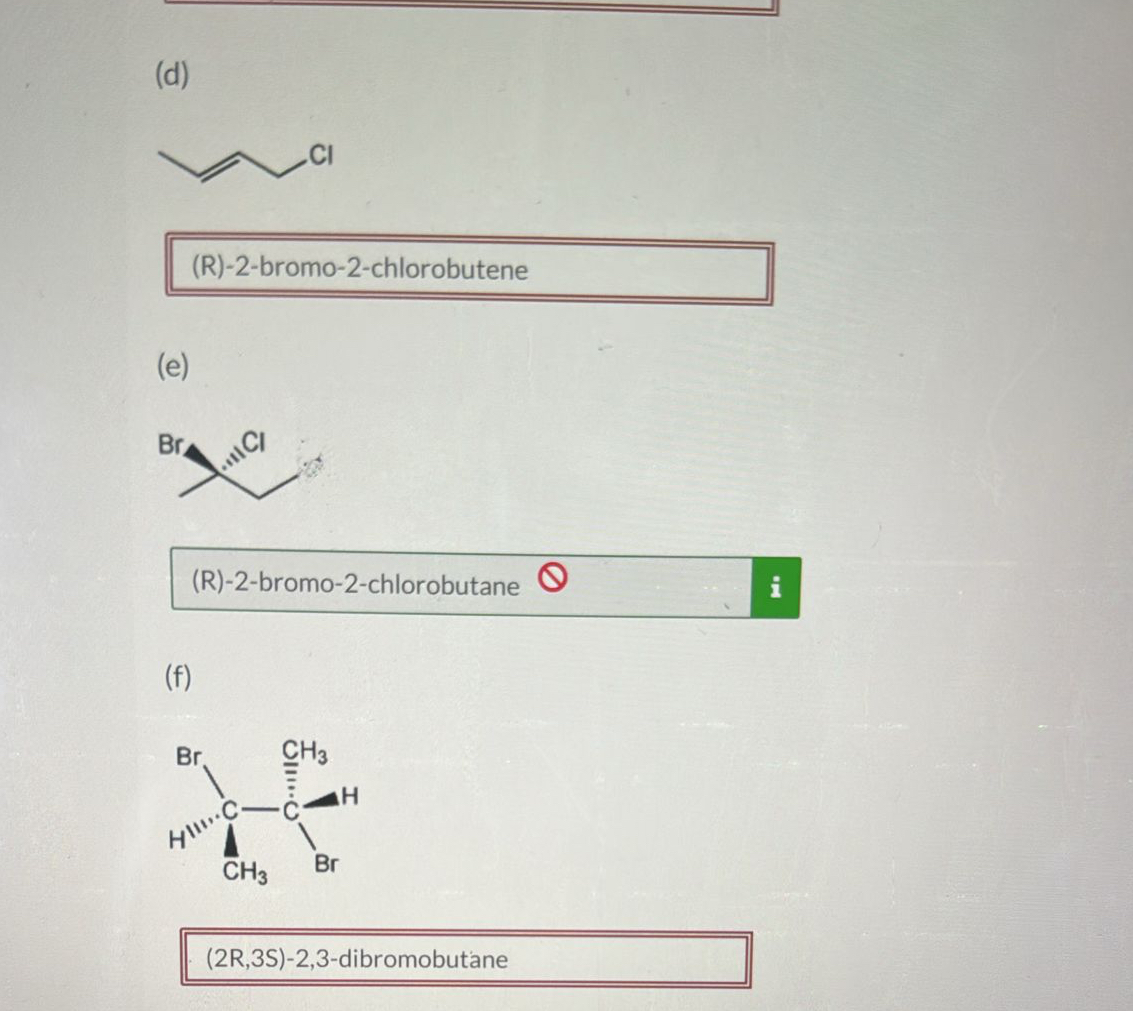 (d)(e)到(R)-2-bromo-2-chlorobutane(f)(2R,3S)-2,3-dibro | Chegg.com