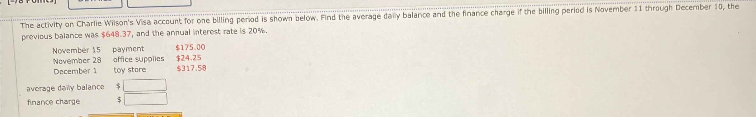 Solved The activity on Charlie Wilson's Visa account for one | Chegg.com