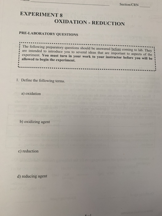 Solved Section/CRN EXPERIMENT 8 OXIDATION - REDUCTION | Chegg.com